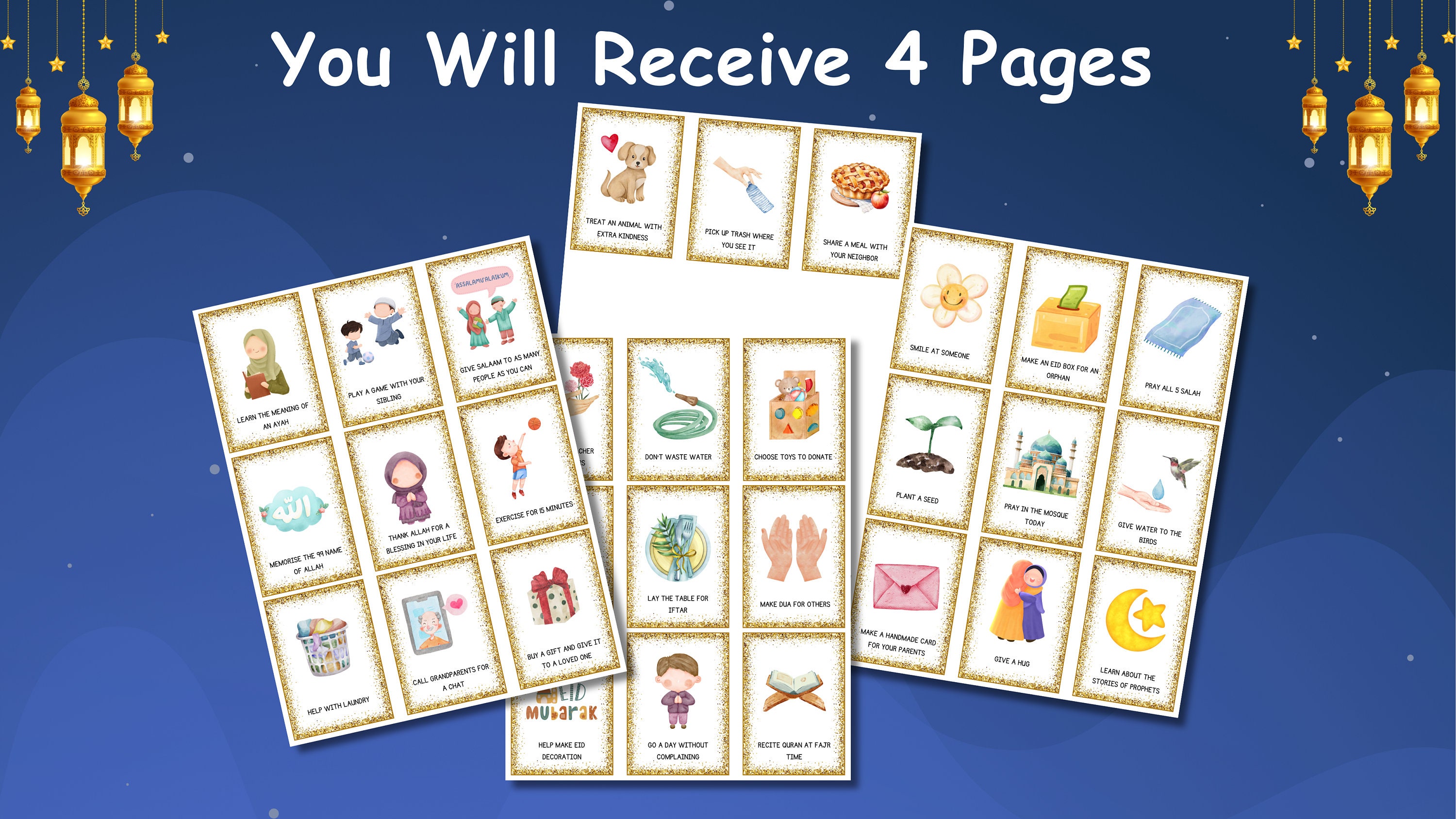 Ramadan Good Deeds Cards, Glitter Cards for Kids, Prayer Cards, Islamic ...