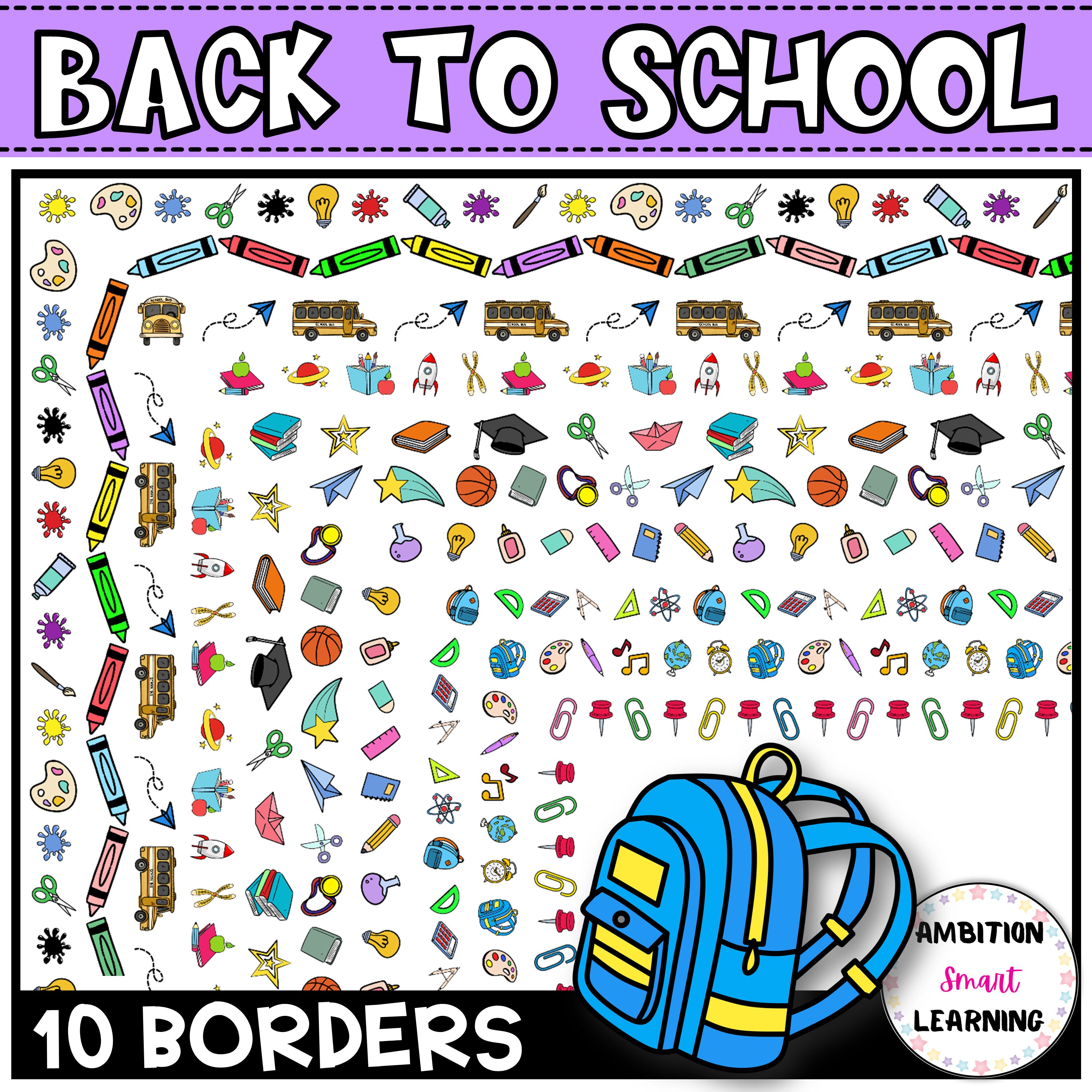 Back to School Borders Clip Art Frames, Apple, Buses, Pencils, Books ...
