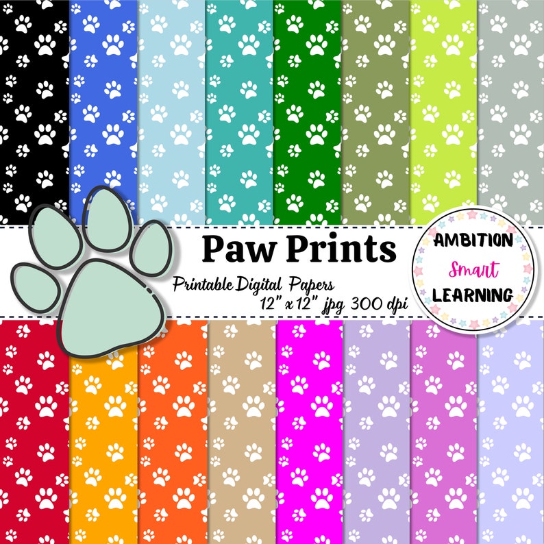 Paw Prints Digital Paper, Paw Print Pattern, Paw Print Scrapbook Paper ...