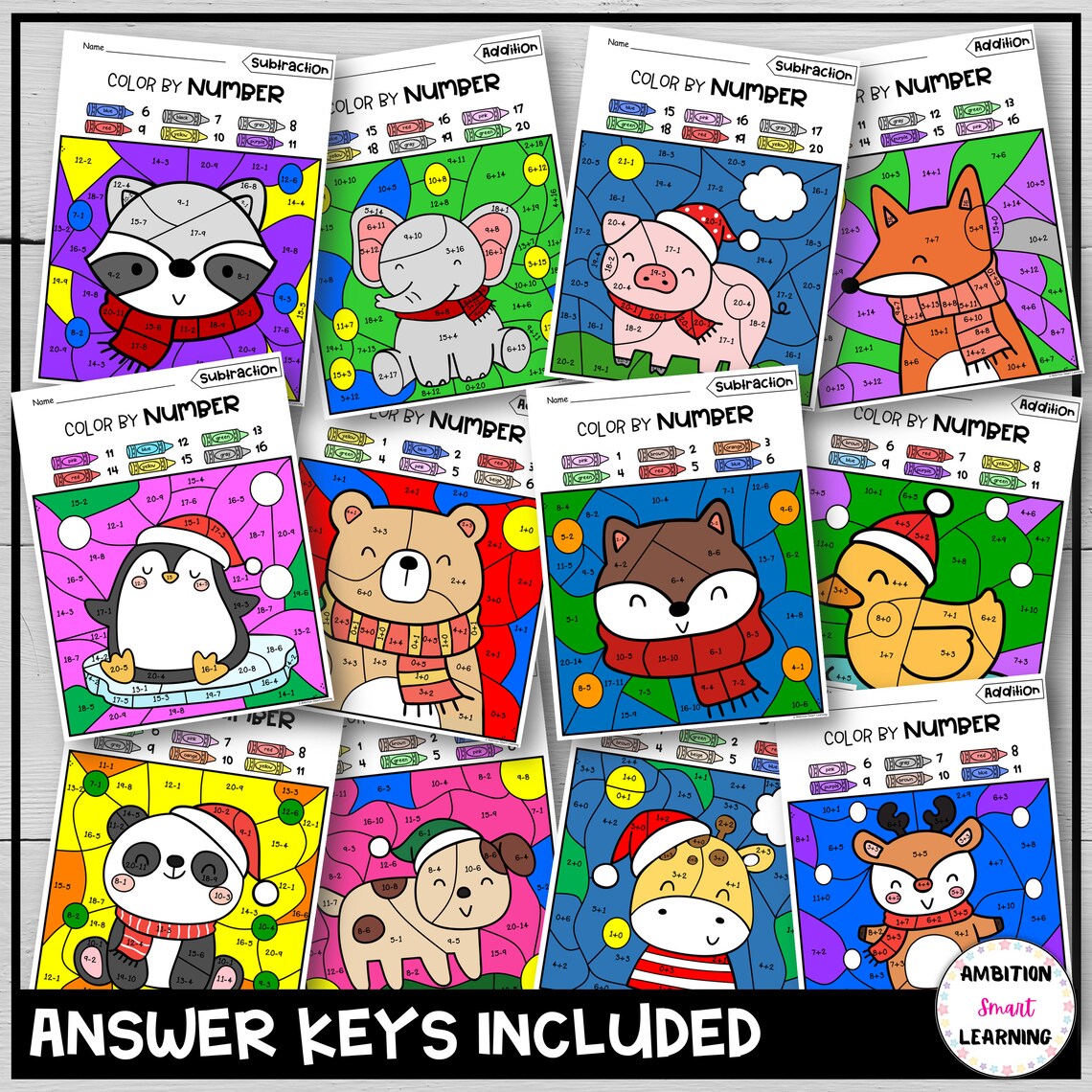 Color by Number, Cute Animals in Winter, Addition and Subtraction to 20 ...