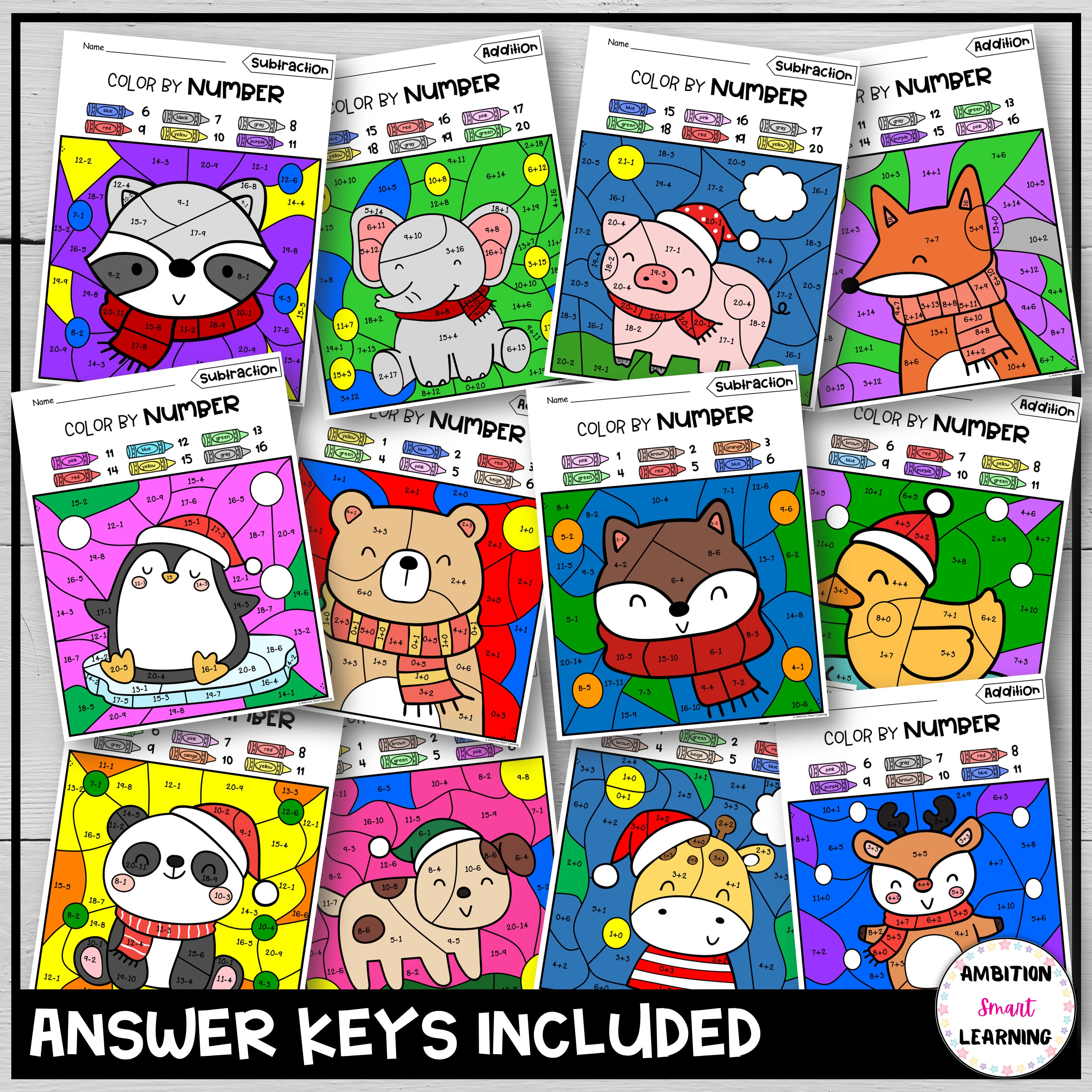 Color by Number Cute Animals in Winter Addition and - Etsy