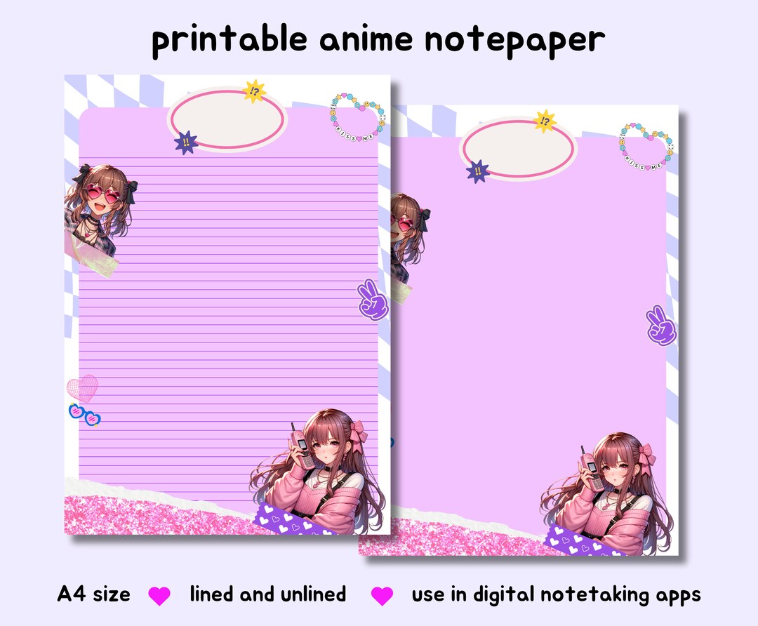 Kawaii Printable Anime Notepaper, A4 Notepaper, Cute Digital Notepaper ...