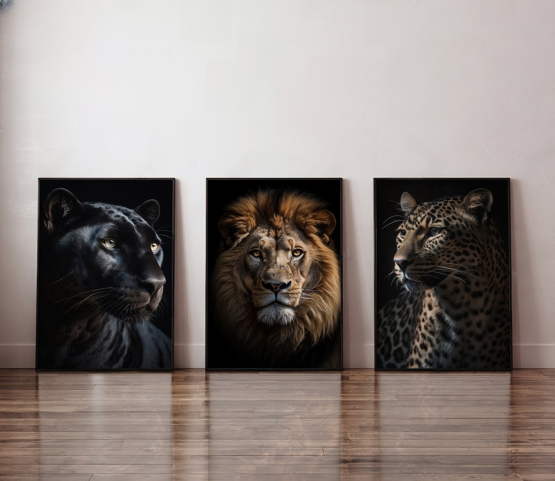 Set of 3 Big Cats Portrait Printable, Lion, Panther, and Leopard ...
