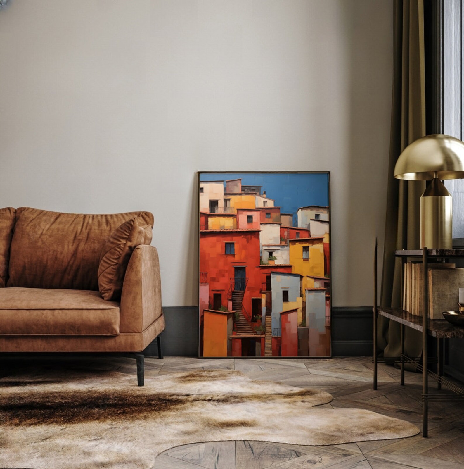 Townscape Printable Art, Oil Painting of a Town, Wall Decor, Digital ...