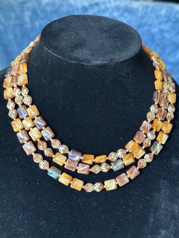 Faux Tortoise Shell Triple Strand Necklace - Gem