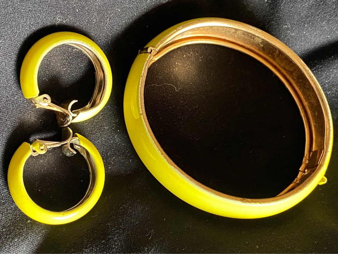 Yellow Enamel Hinged Bangle & Clip on Earring Set - Etsy