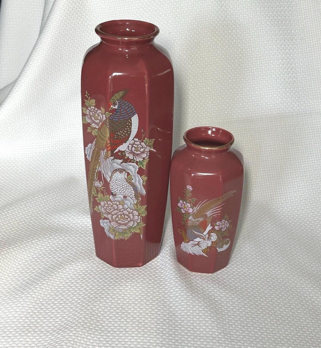 Vintage Chinoiserie Pheasant Vase: Dusty Rose Floral Japan Decor ...