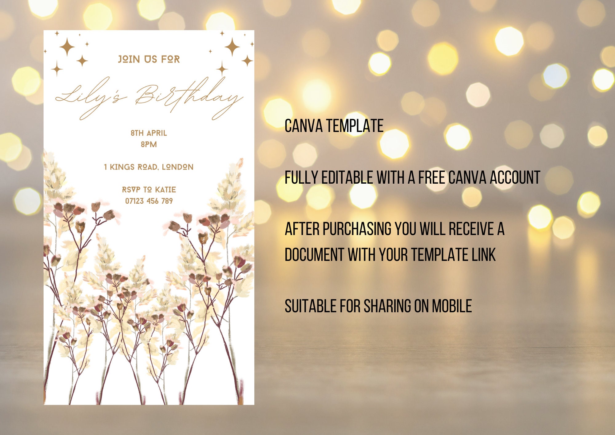 Digital Boho Party Invite Editable Canva Invite for Mobile Birthday ...