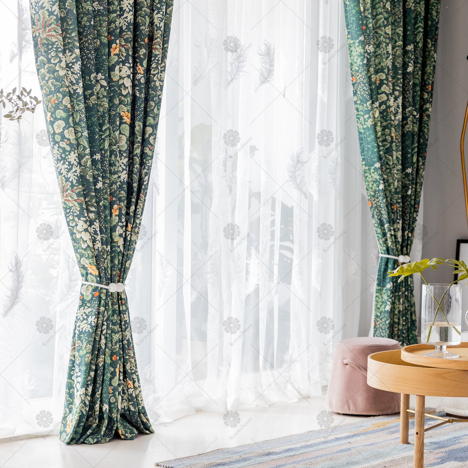 Deep Green Botanical Print Curtains, Customized Rustic Living Room ...