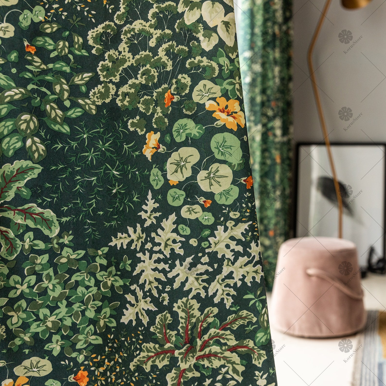 Deep Green Botanical Print Curtains, Customized Rustic Living Room ...