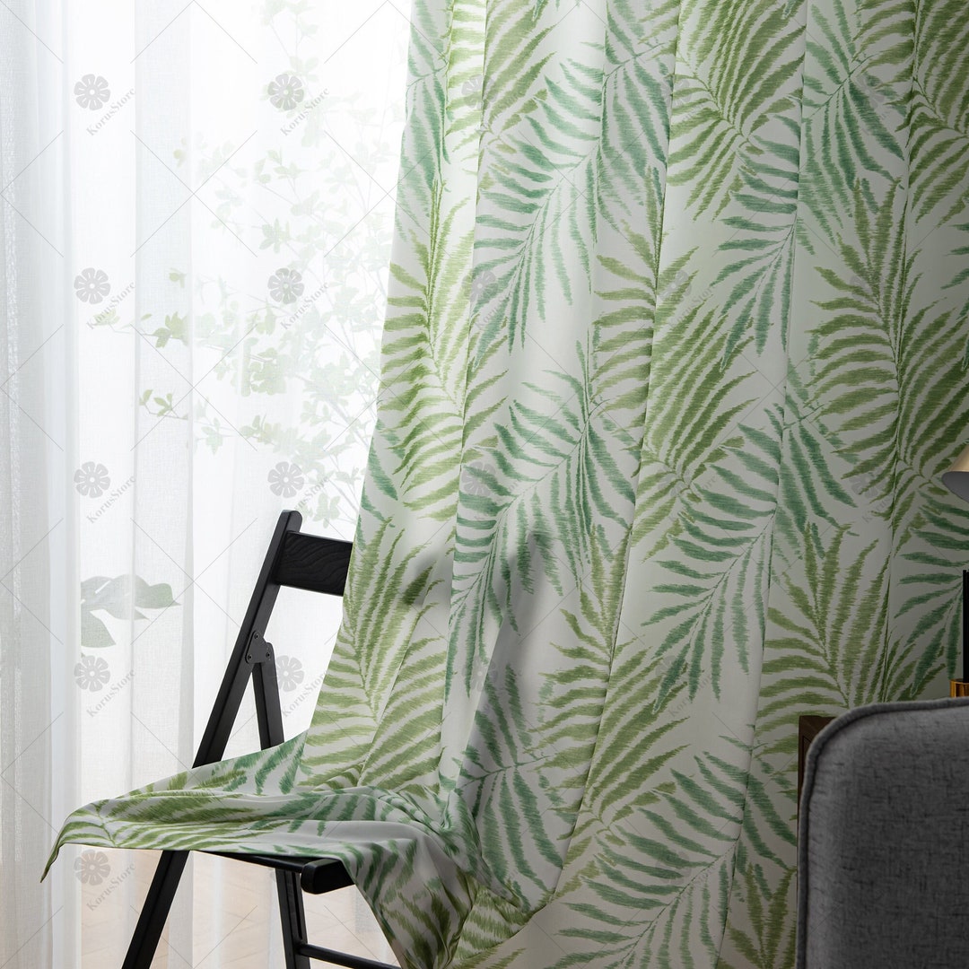 Green Printed Curtain Customization, Bedroom Curtains, Palm Leaf ...