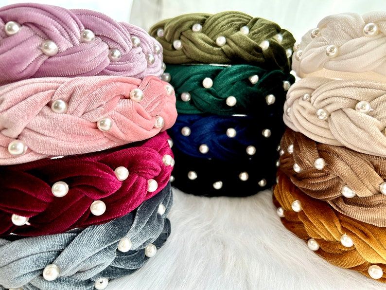 Women Velvet Headband,navy Blue Hair Band,pearl Beaded Braided Hairband ...