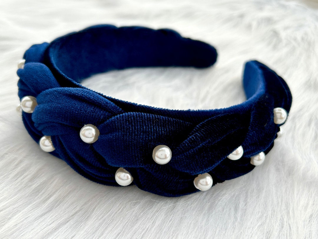 Women Velvet Headband,navy Blue Hair Band,pearl Beaded Braided Hairband ...