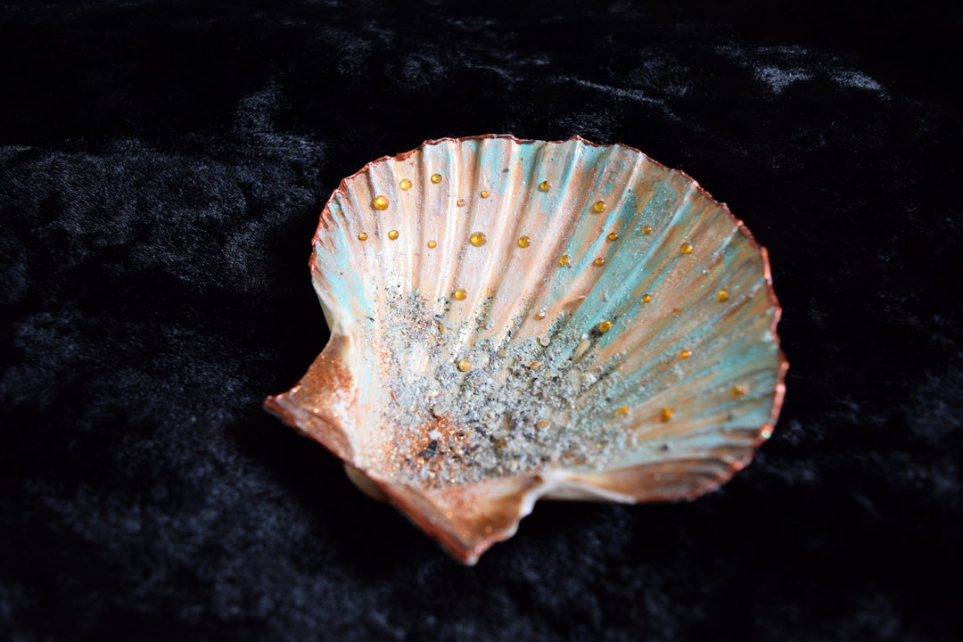 Hand Painted Saint Jacques Shell Jewelry Dish, Rainbow Shell Art Ring ...