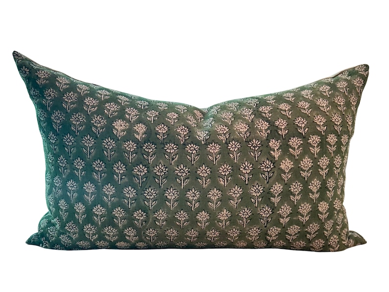 Green Block Print Pillow Cover – 14x20 to 22x22 | Handmade Linen ...