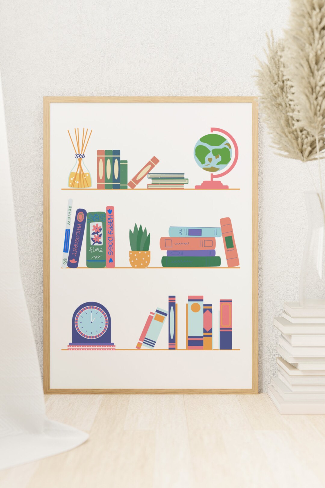 Bookshelf Digital Print, RTA Bookshelf, Stacked Books Art, Printable ...