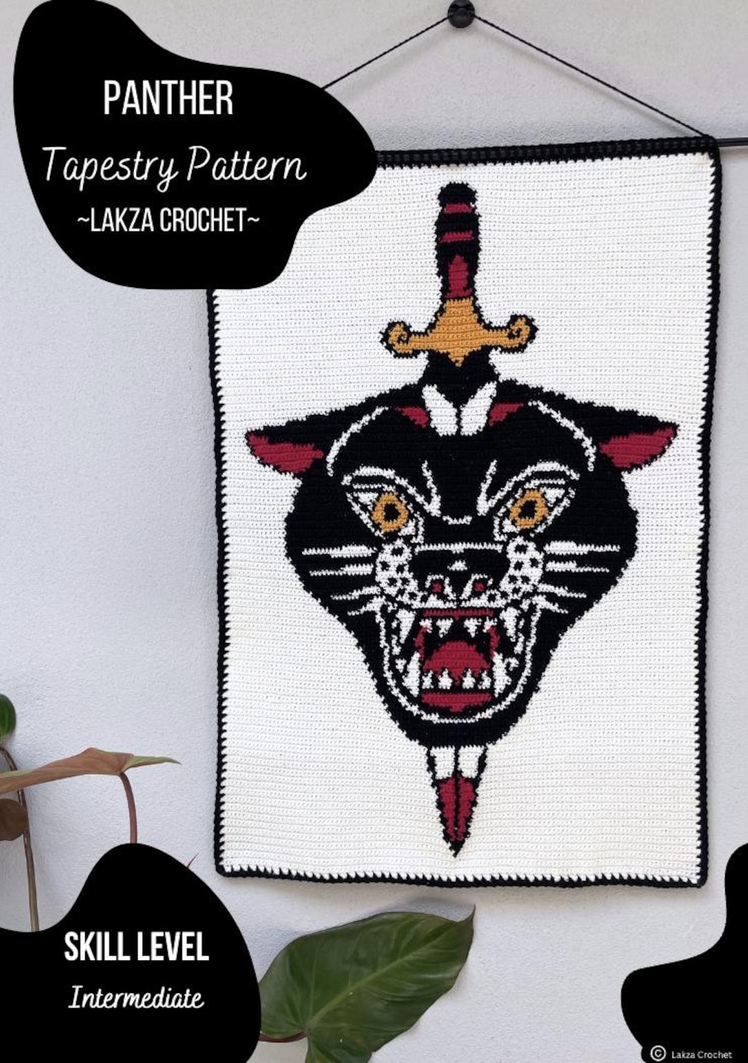 Crochet Pattern Panther Dagger Traditional Tattoo Wall Hanging Tapestry ...