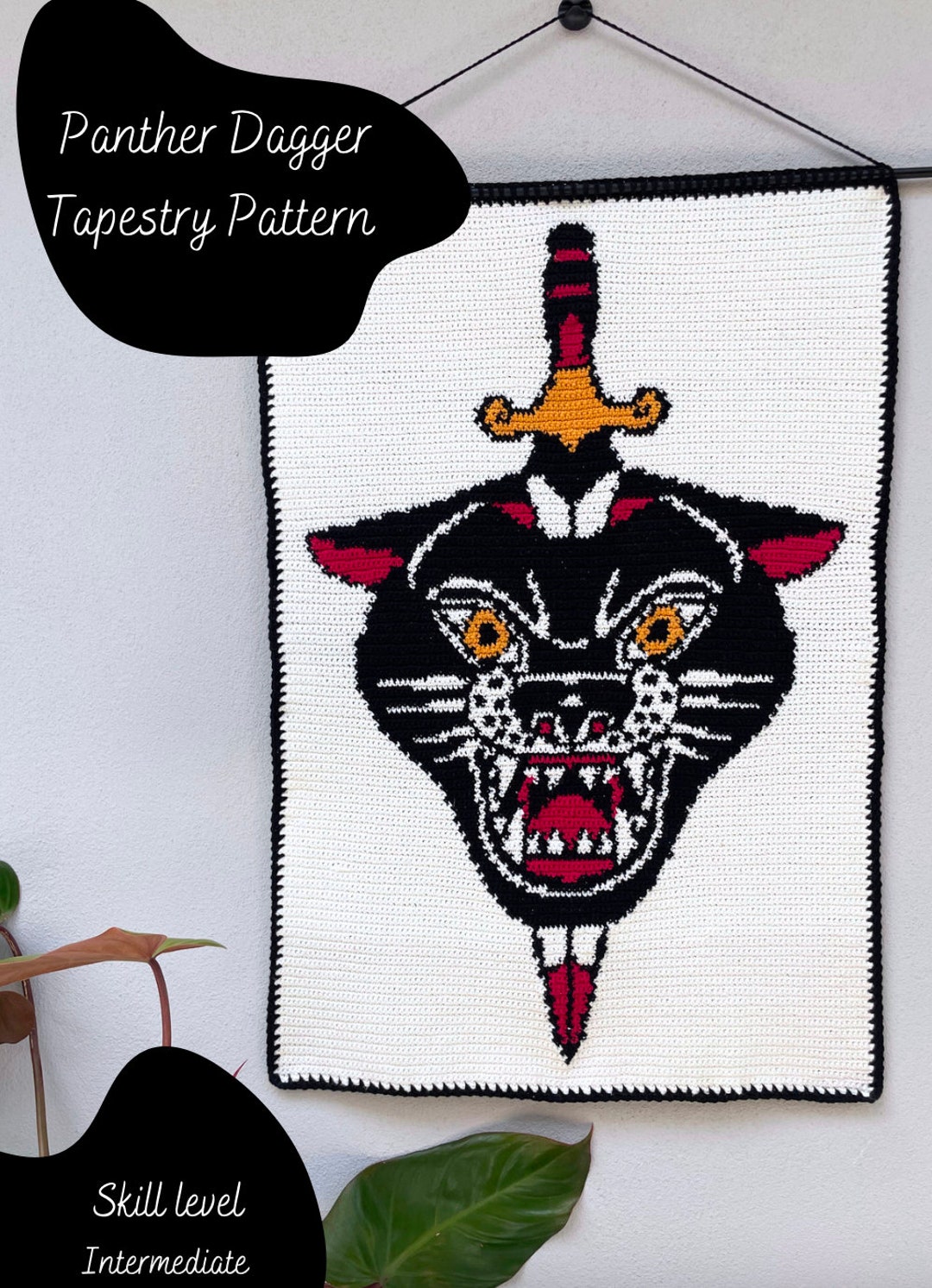 Crochet Pattern Panther Dagger Traditional Tattoo Wall Hanging Tapestry ...