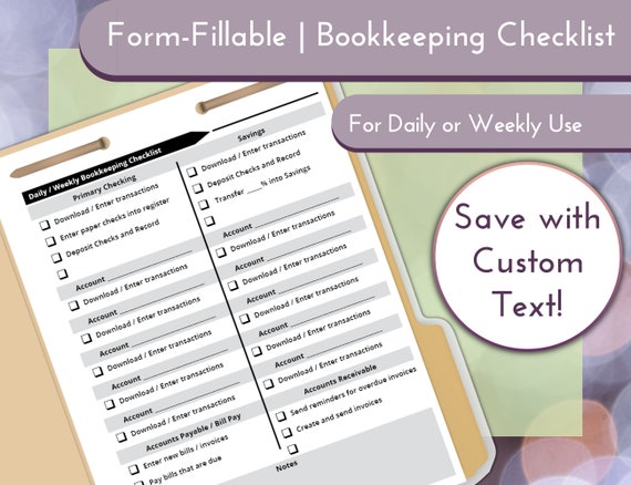 Form-fillable Daily & Weekly Bookkeeping Checklist for Small - Etsy