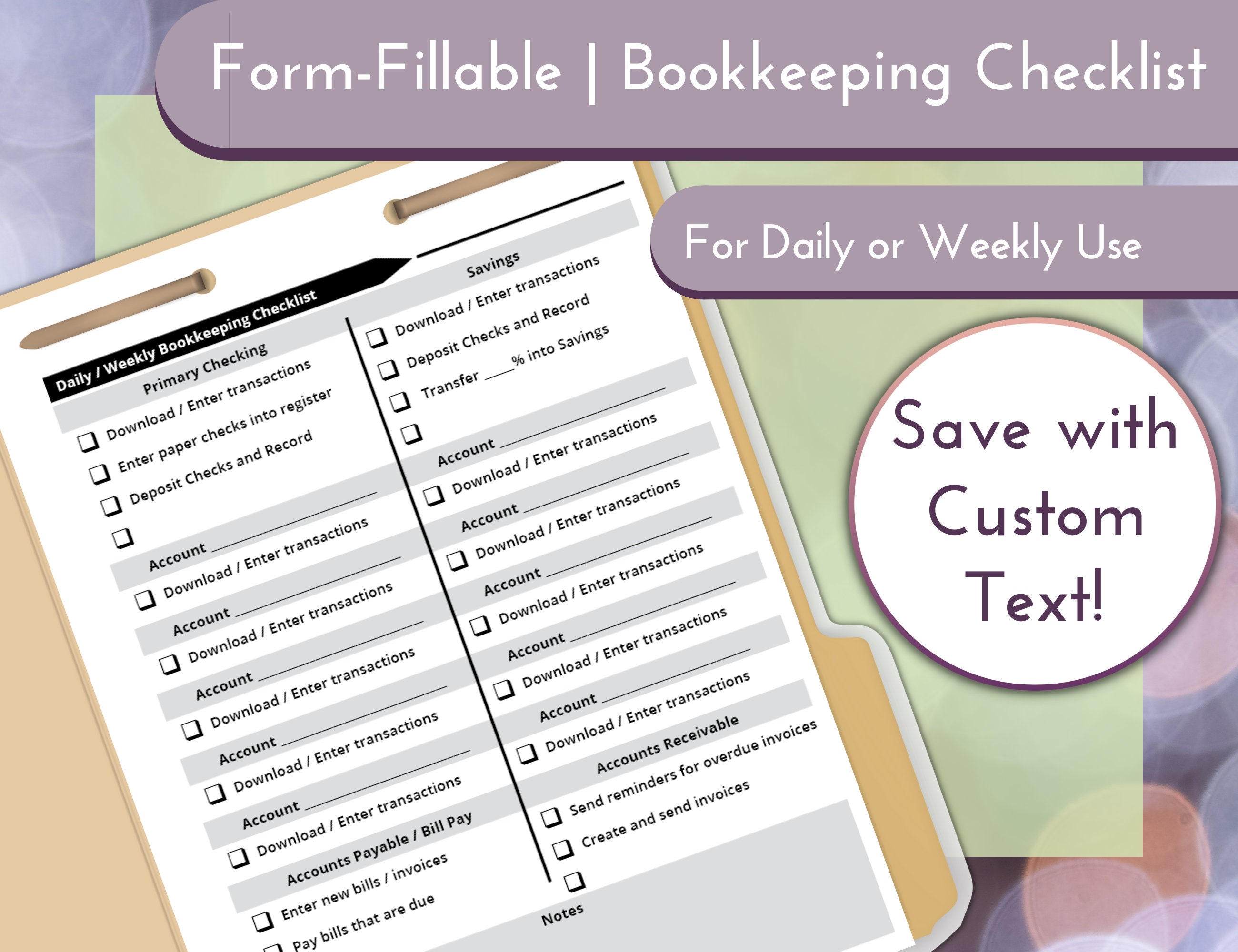 Form-fillable Daily & Weekly Bookkeeping Checklist for Small Business ...