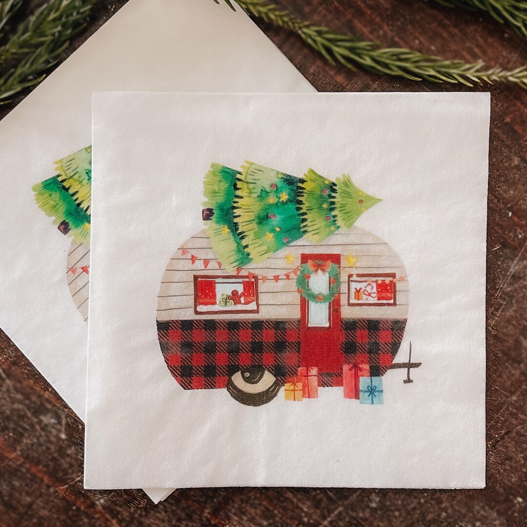 Camper Christmas Napkins Beverage Size Set of 8, Holiday Dinner Napkins ...