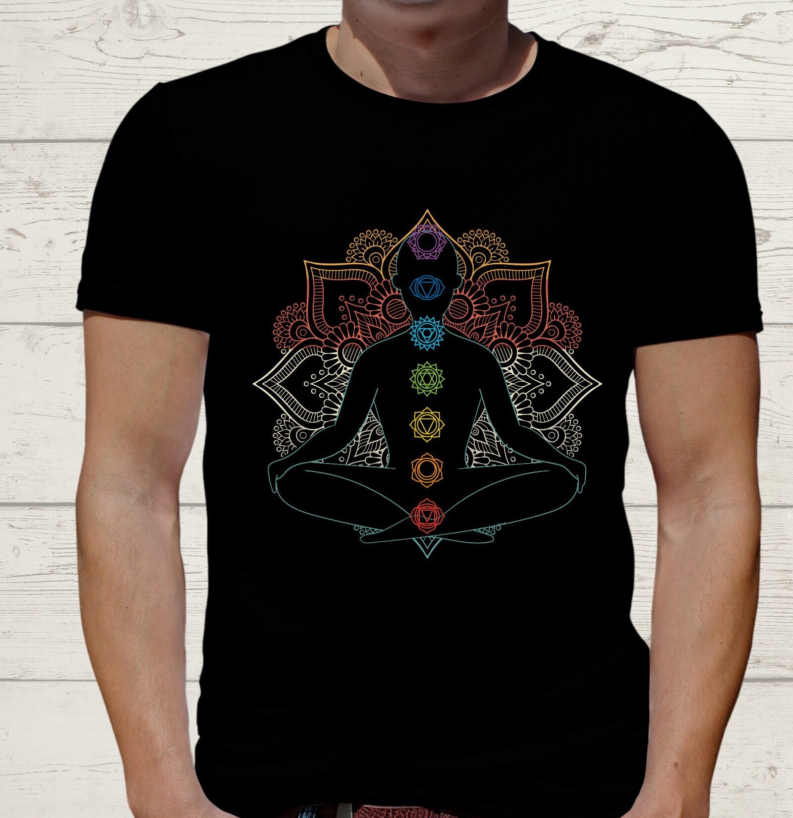 Chakras T-shirt, Chakra Body Mandala Shirts, Meditation Buddha Mandala ...