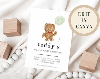Teddy Bear Invitation Editable Template Canva 1st Birthday | Etsy