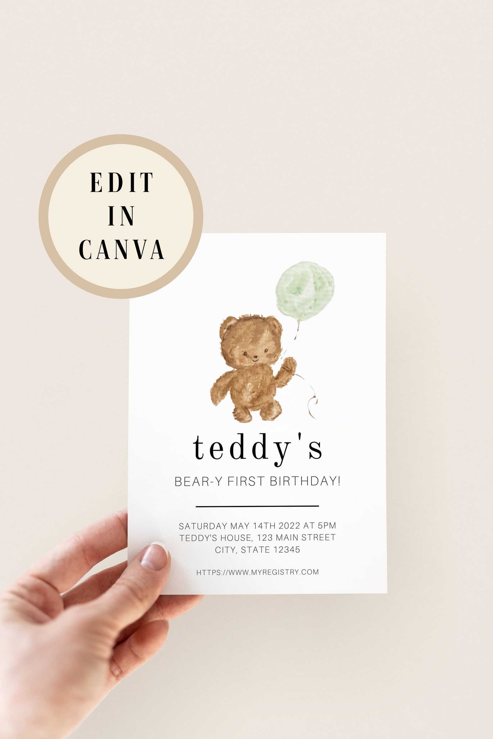 Teddy Bear Invitation | Editable Template Canva | 1st Birthday Party ...