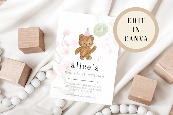 Teddy Bear Invitation Flowers Editable Template Canva - Etsy