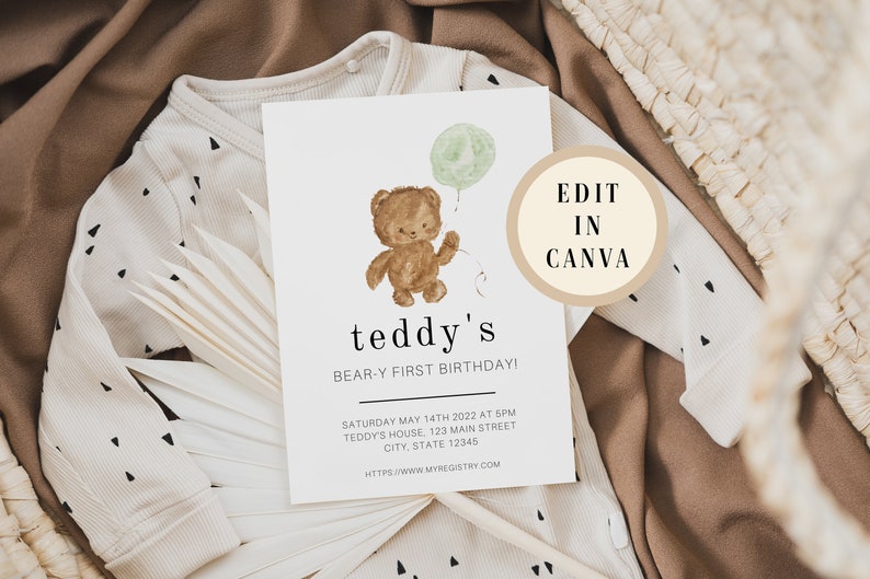 Teddy Bear Invitation | Editable Template Canva | 1st Birthday Party ...