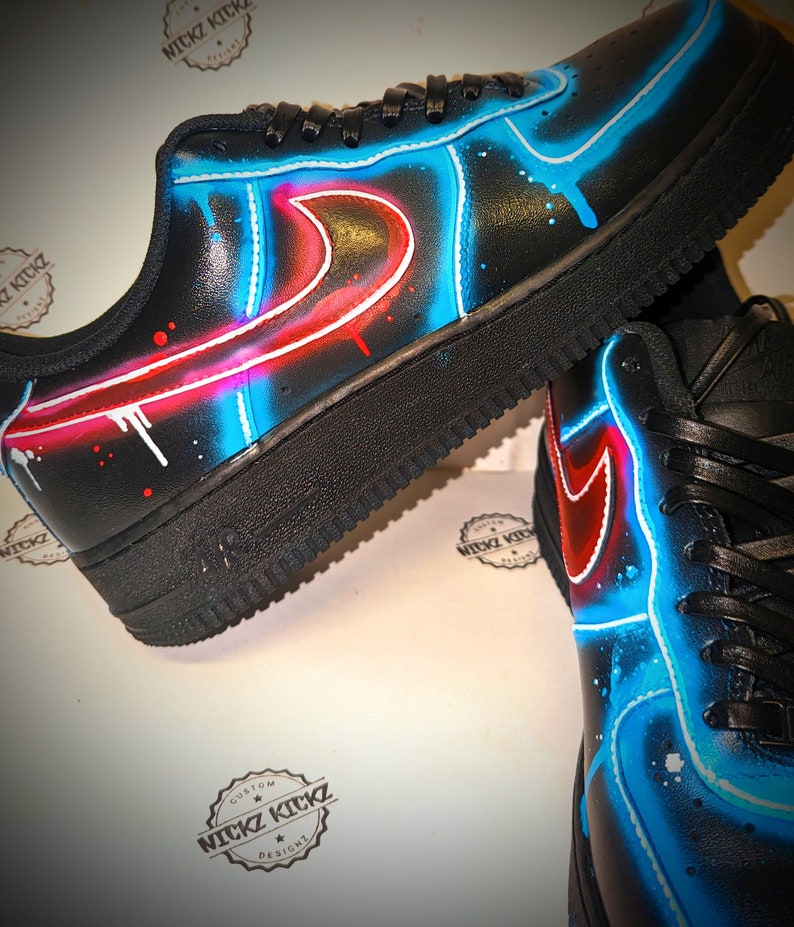 Custom Air Force 1 Neon Graffiti Black, Red and Baby Blue - Etsy UK