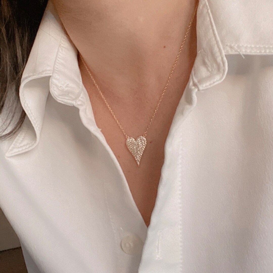 Pointy Heart Necklace, Sterling Silver 925 Heart Shape Necklace, Pave ...