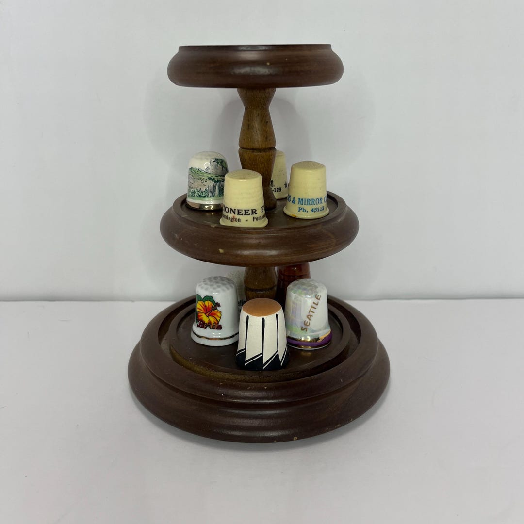 Vintage Enesco Thimble Stand Display Wooden With Thimbles 1983 3 Tier ...
