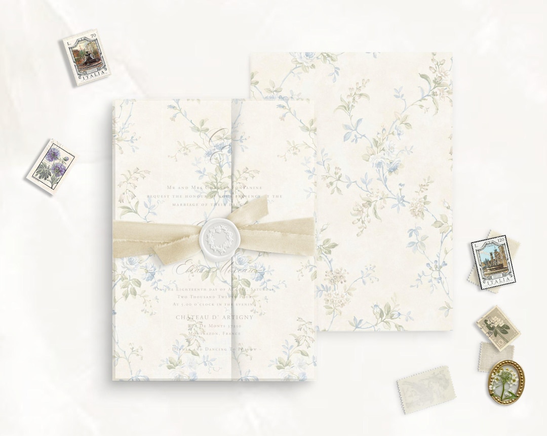Pre-cut Vintage Blue Floral Vellum Wrap for Wedding Invitation Card ...