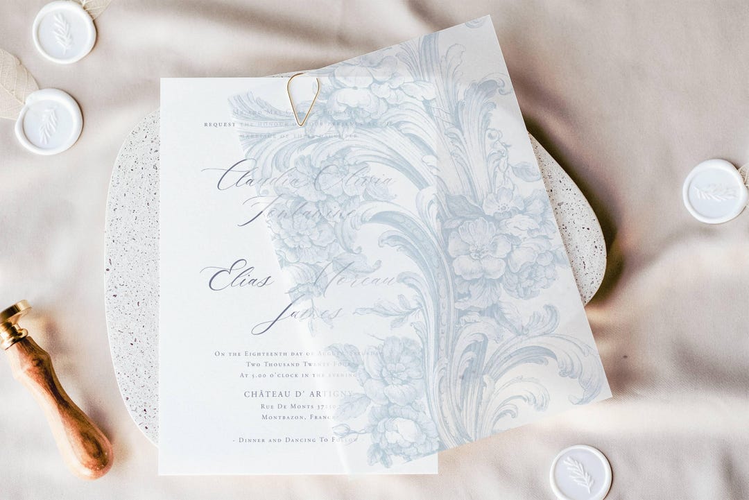 French Blue Floral Leaf Vellum Overlay for Wedding Invitation Card, Pre ...