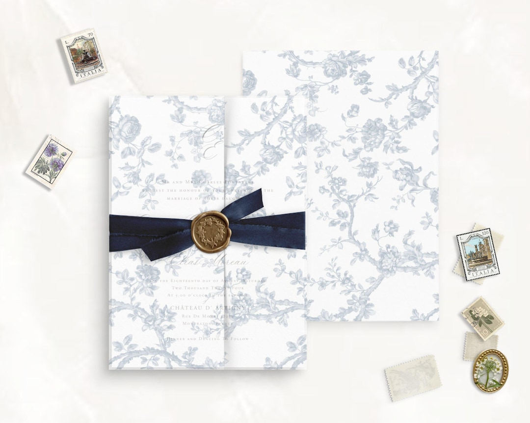 Pre-cut Dusty Blue Toile Vellum Wrap for Wedding Invitation Card, 5x7 ...