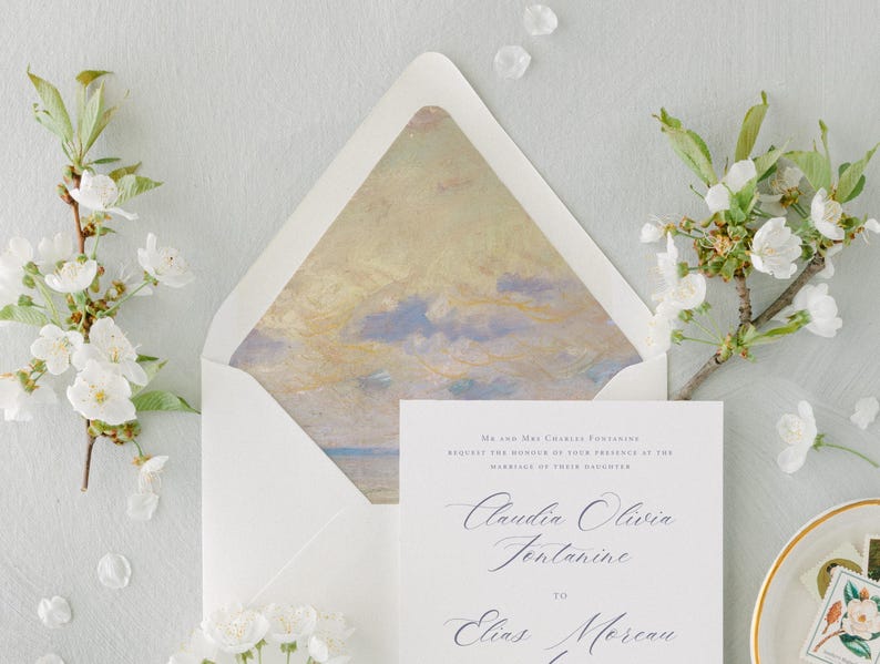 Monet Wedding Liner, Sky Envelope Liner, Soft Blue Printed Liner ...