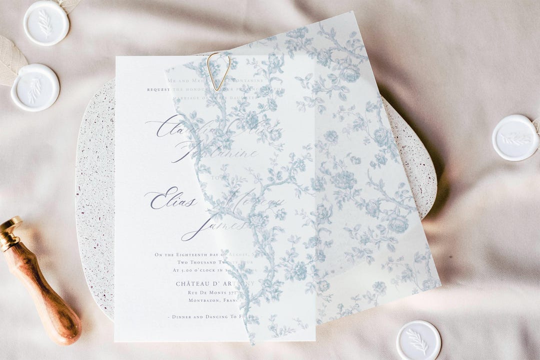 Pre-cut French Blue Toile Vellum Overlay for Wedding Invitation Card ...
