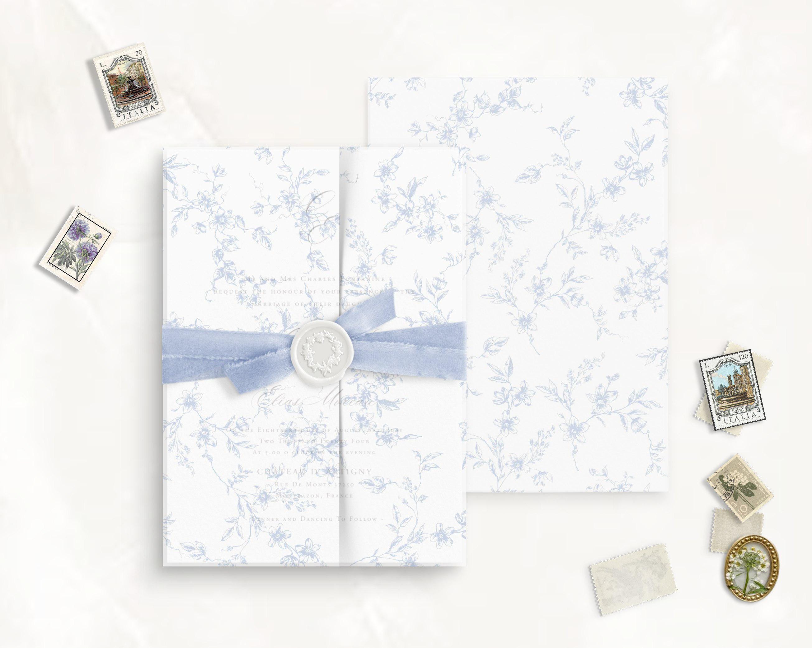 Pre-cut Dusty Blue Chinoiseries Toile Vellum Wrap for Wedding Invite ...