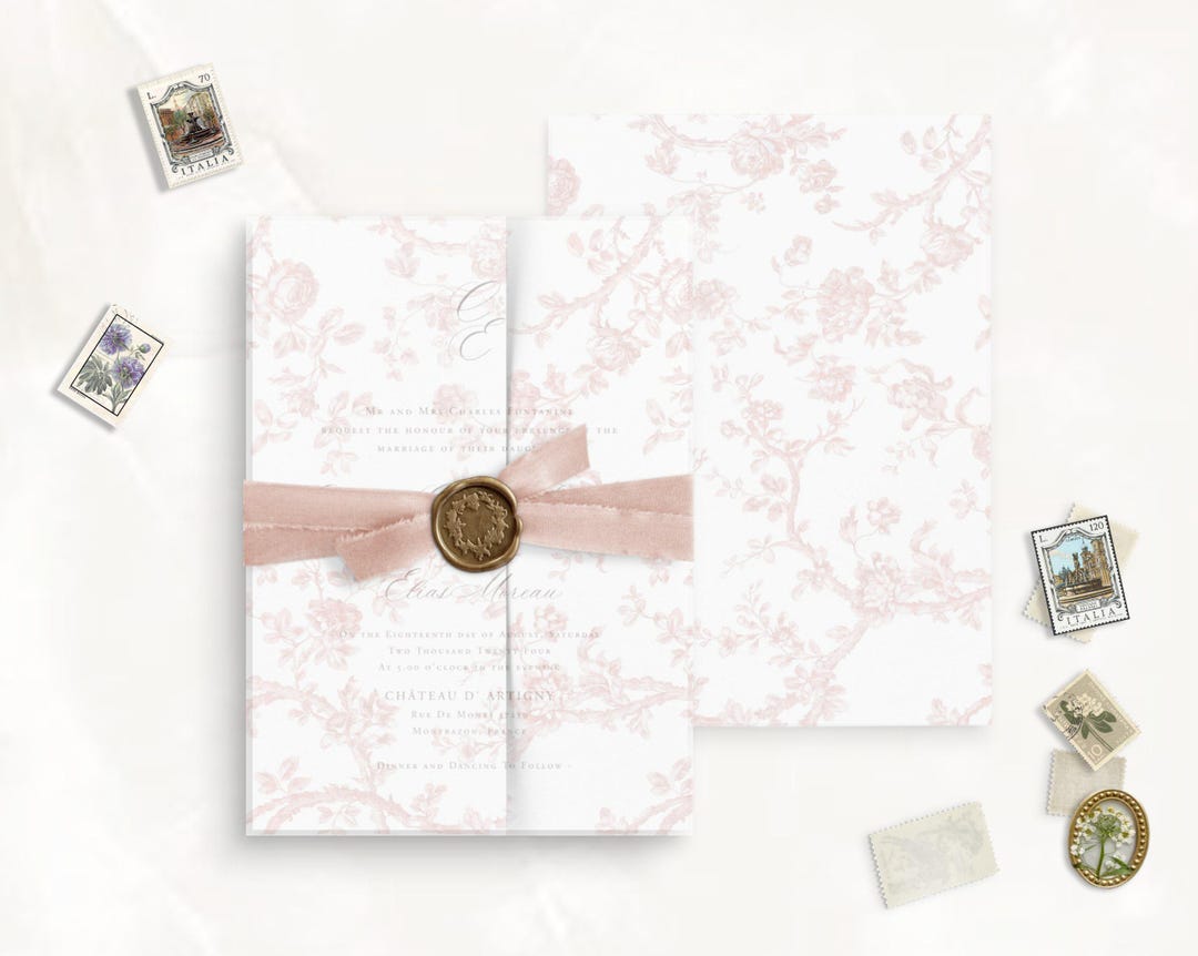 Pre-cut Peony Pink Toile Vellum Wrap, Vellum Jacket for Wedding Invites ...