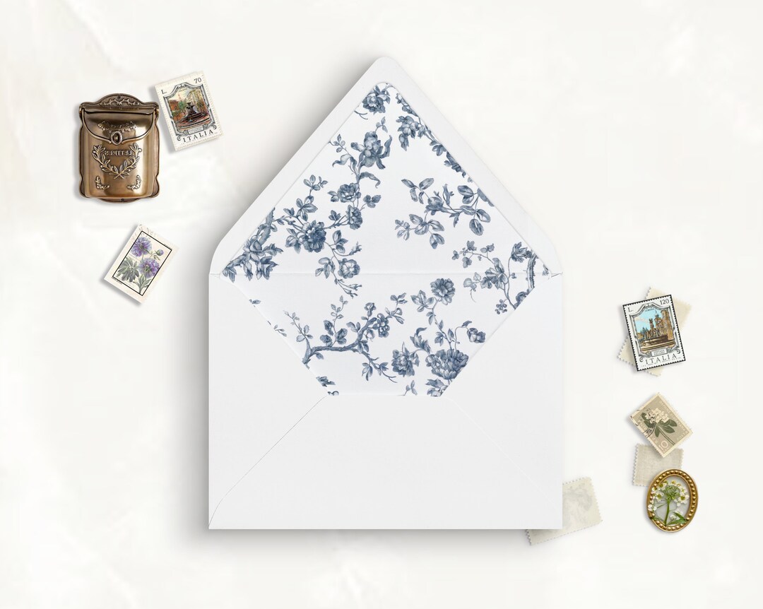 Dusty Blue Toile Printable Envelope Liner, A7, Euro Flap, Square Flap ...