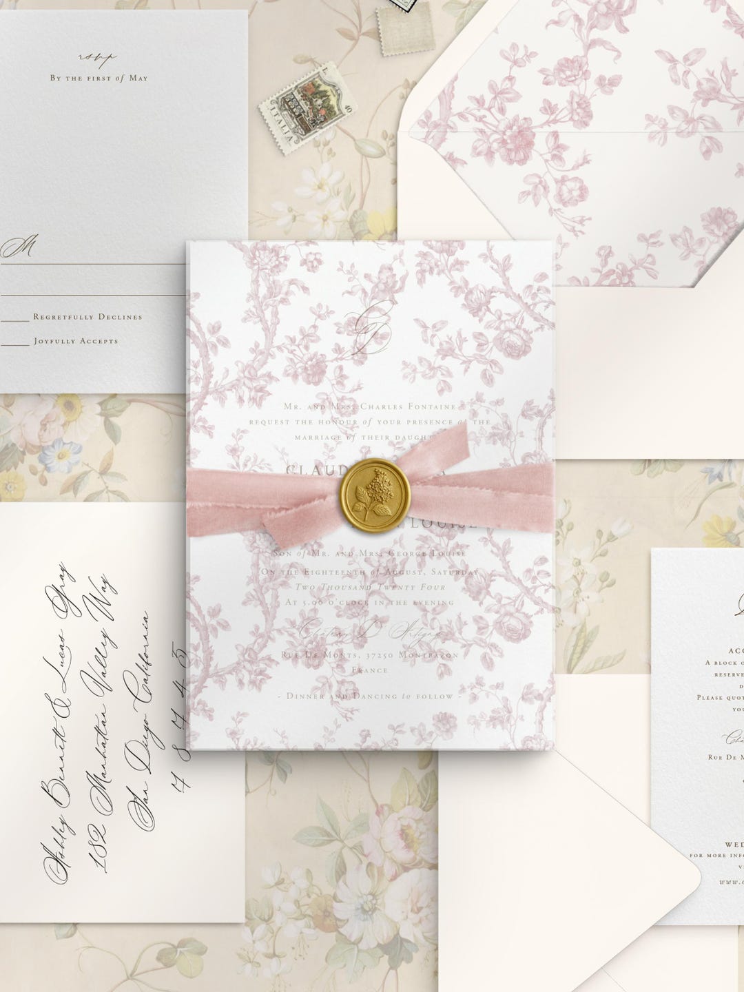 French Pink Toile Printable Vellum Overlay for Wedding Invitation Card ...