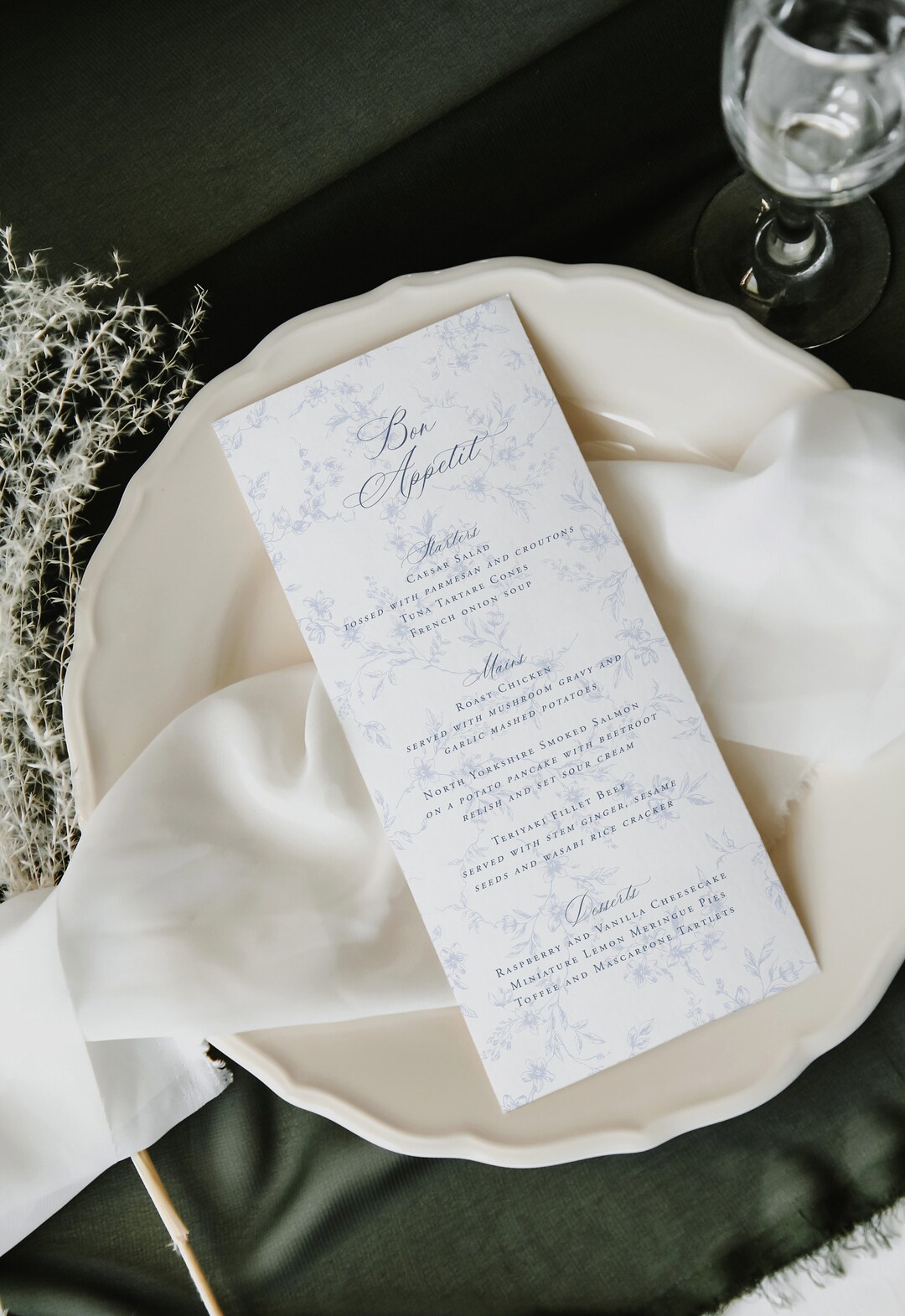 Dusty Blue Toile Menu Template Printable Wedding Menu, Garden Party ...