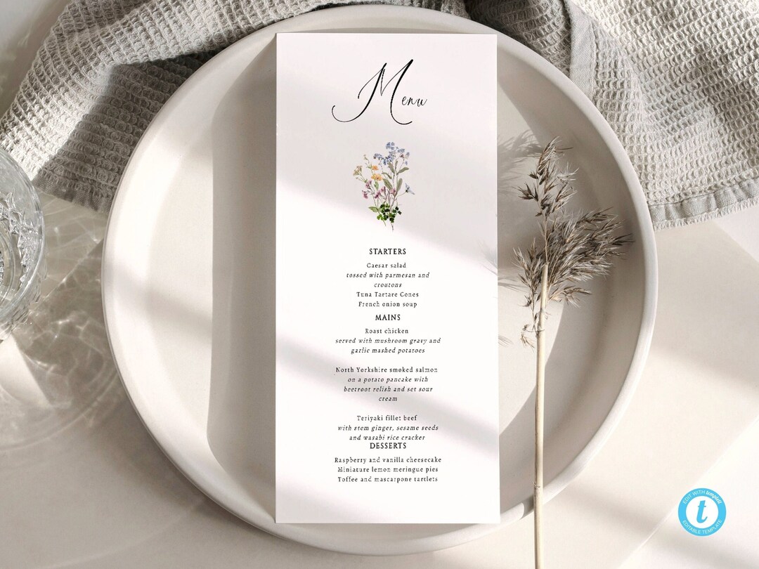 FLEUR Menu Template Wildflowers Wedding Menu Floral Bridal - Etsy