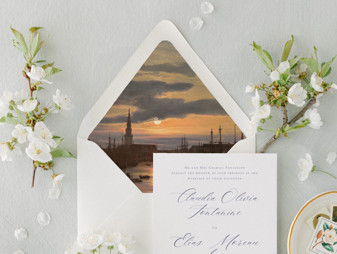 Printed Wedding Invitation Liner, Harbor by Moonlight, Pre-cut Envelope ...
