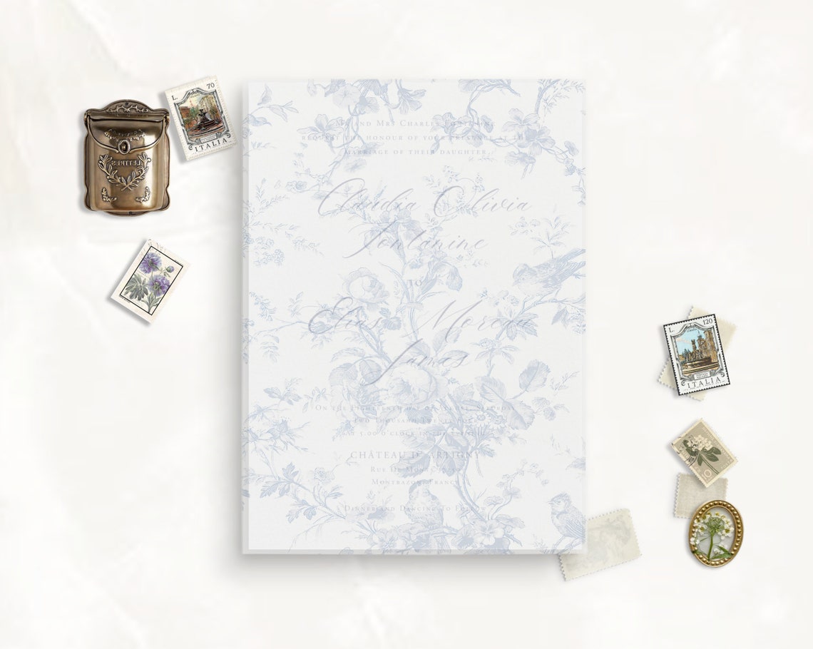 Dusty Blue Rose Toile Printable Vellum Overlay Wedding Invitation Card ...