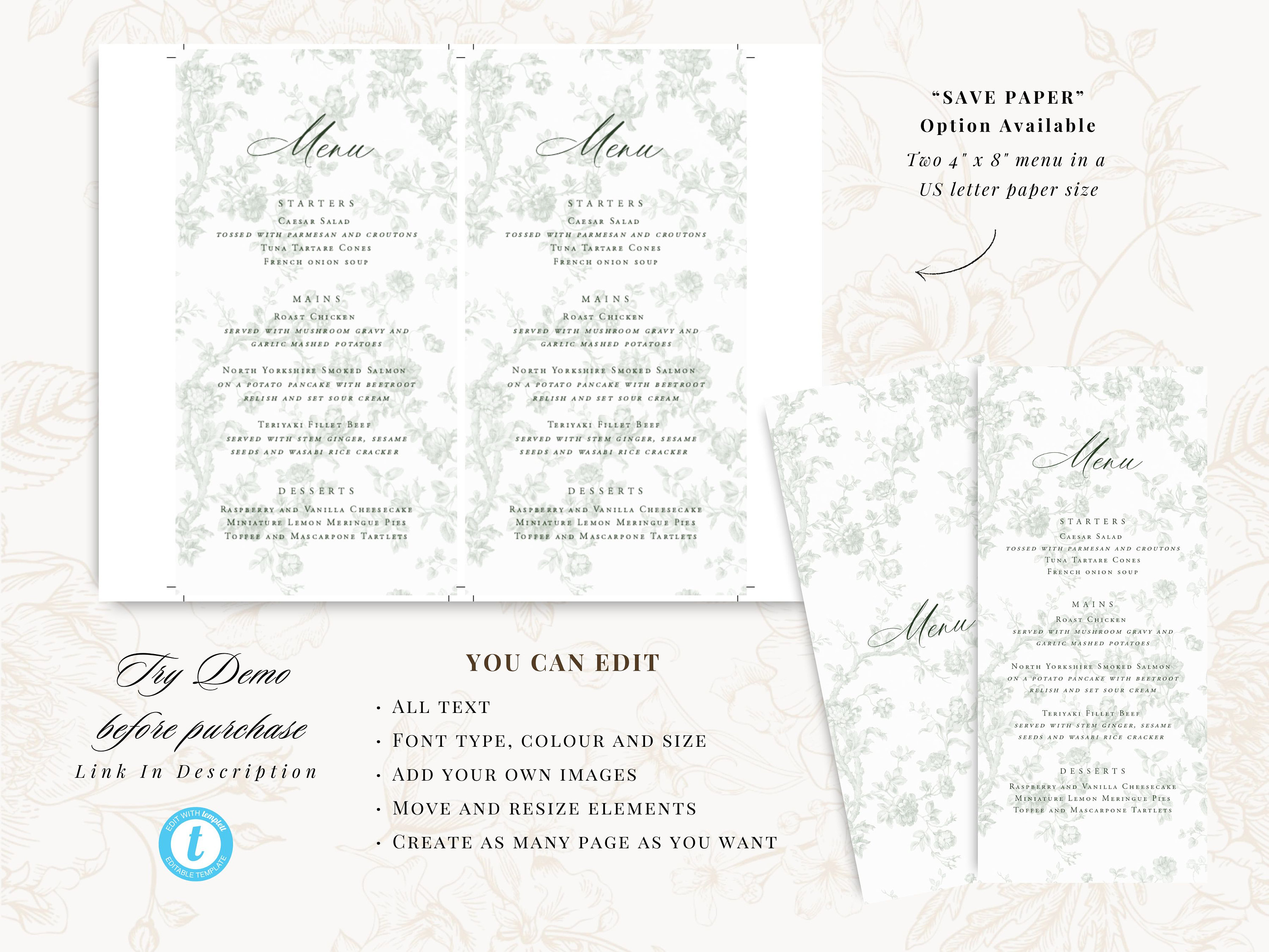 Forest Green Toile Menu Template Printable Wedding Menu, Garden Party ...
