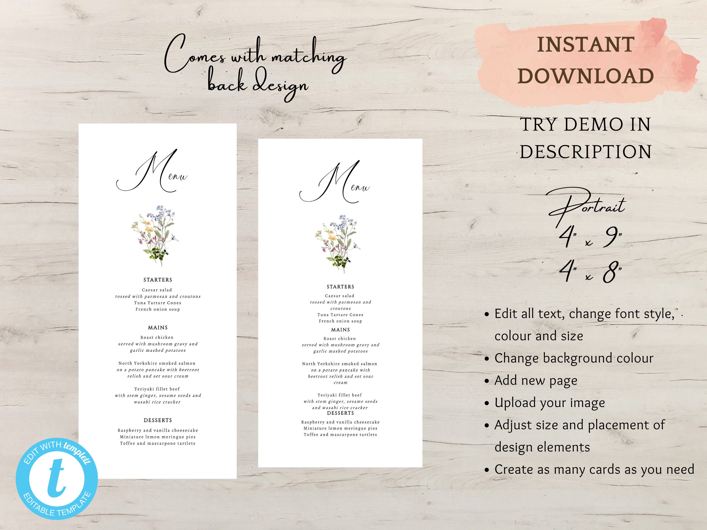 FLEUR Menu Template Wildflowers Wedding Menu Floral Bridal - Etsy