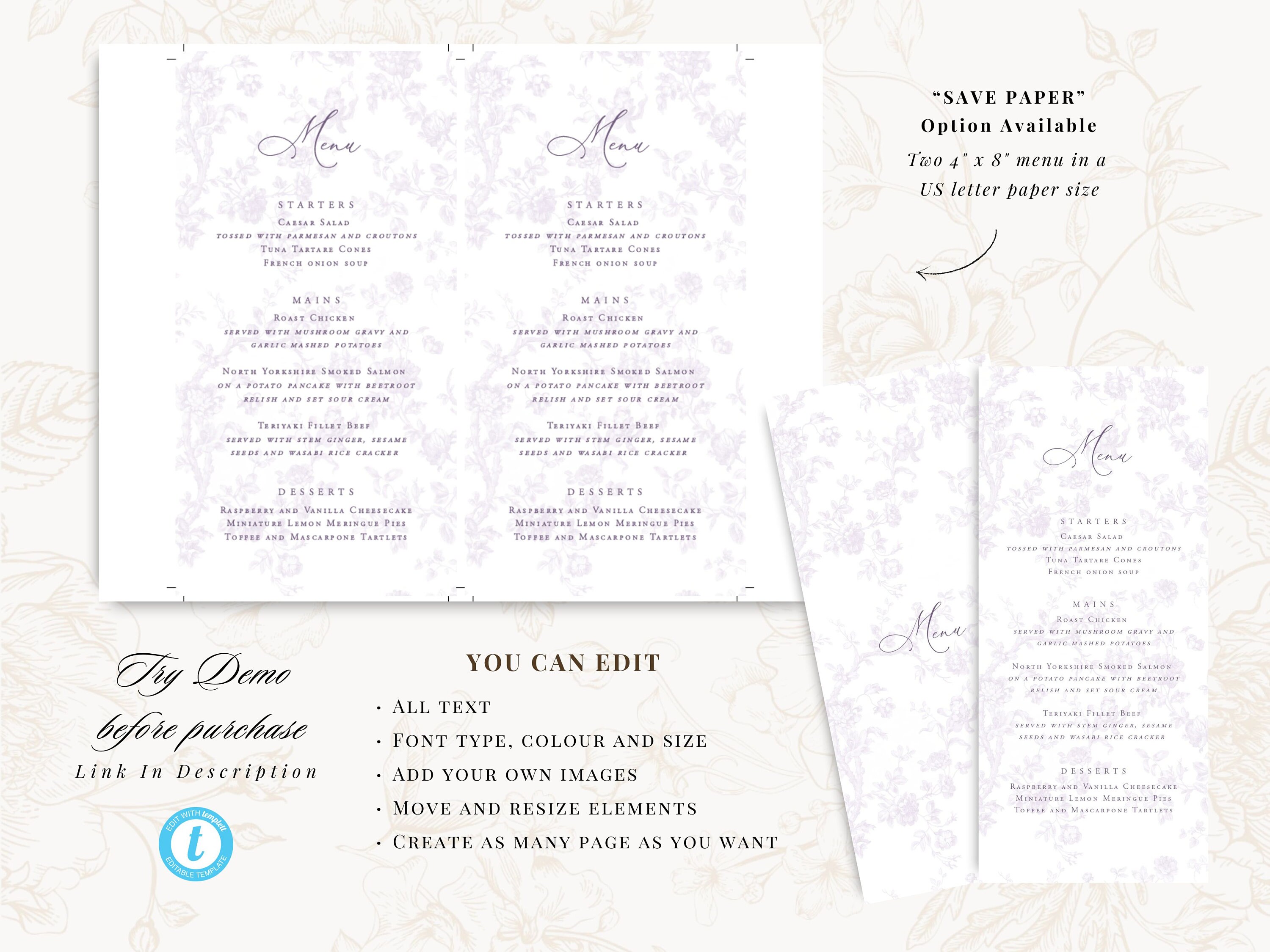 Lilac Toile Menu Template Printable Wedding Menu, Garden Party Menu ...