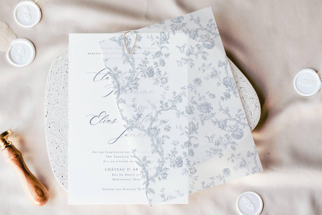 Dusty Blue Toile Vellum Overlay for Wedding Invitation Card, Pre-cut ...